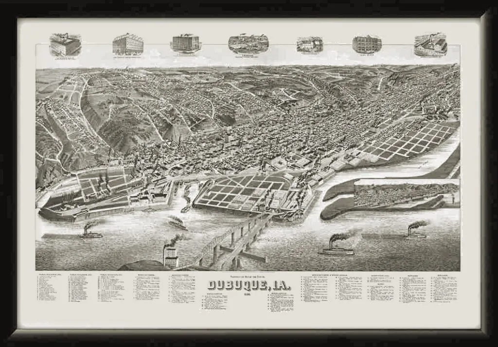 Dubuque IA 1844 (Color) - Restored Bird's Eye View | Vintage City Maps