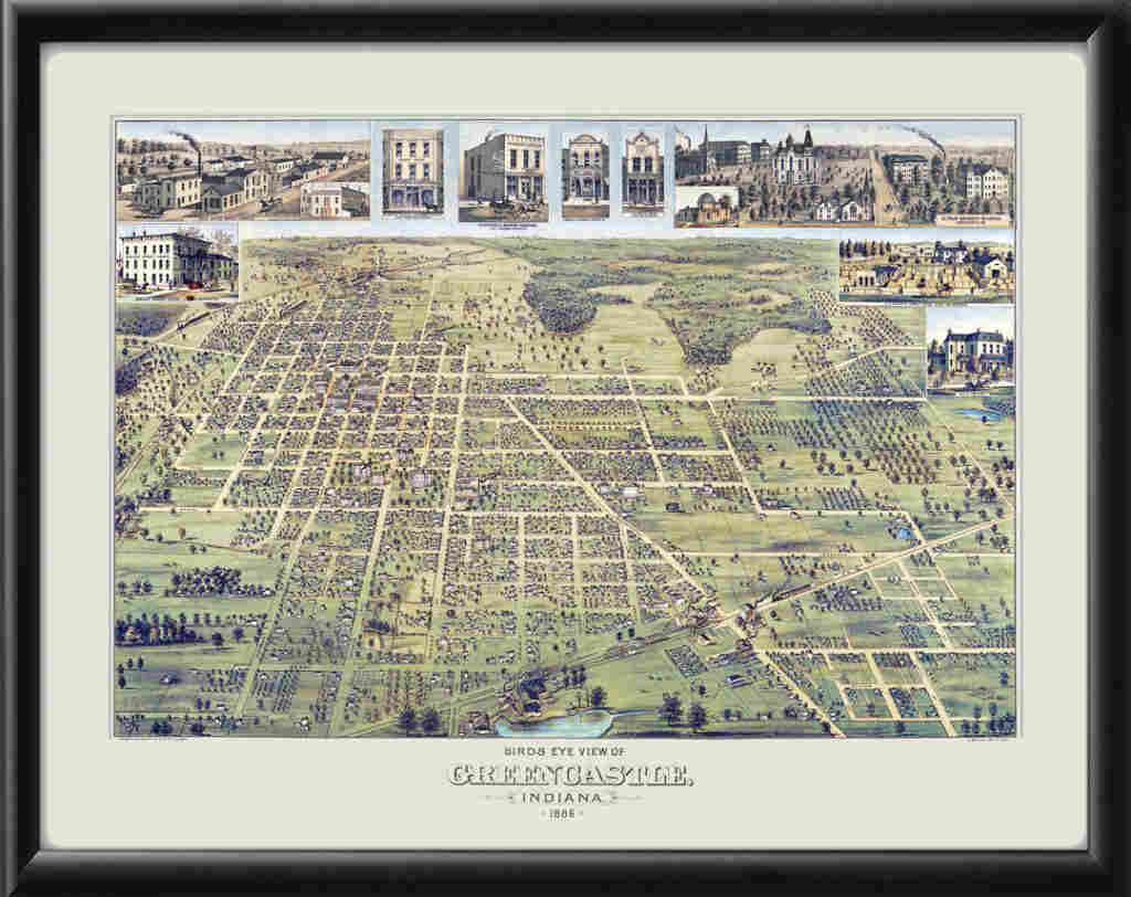Bird's eye view of Greencastle, Indiana 1886 - Vintage City Maps