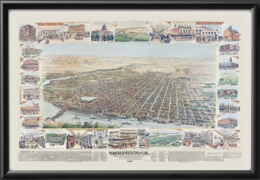 Sacramento CA 1890 (Color) - Restored Bird's Eye View Map | Vintage ...
