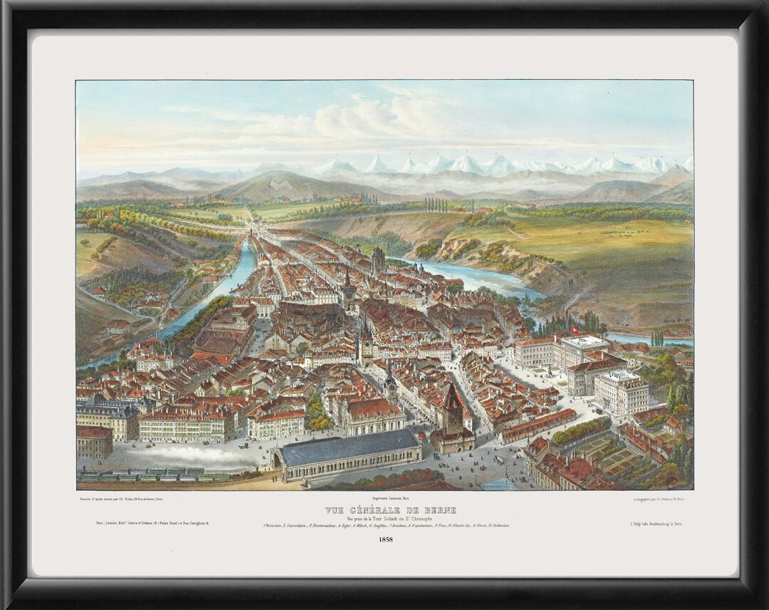 Bern Switzerland 1858 Restored Bird's Eye View Map | Vintage City Maps