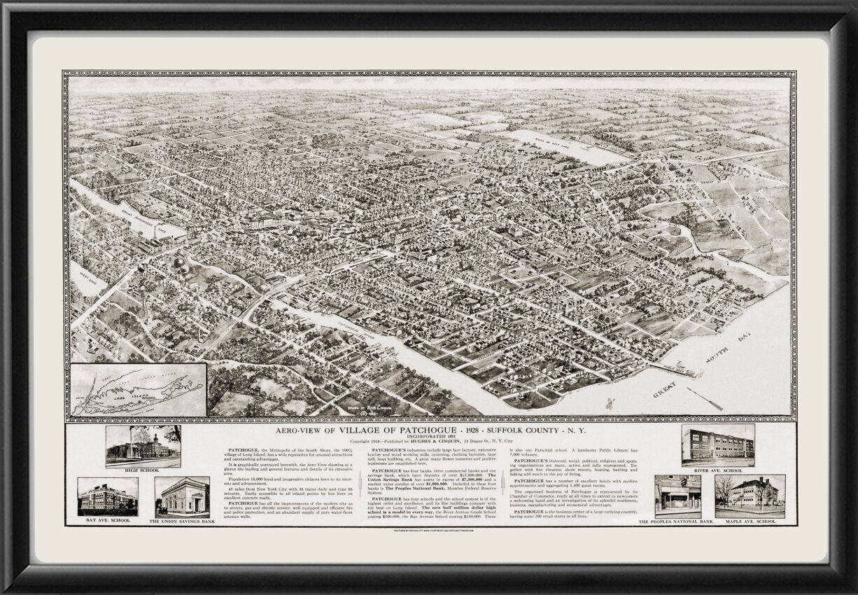Patchogue NY 1928 Restored Map | Vintage City Maps