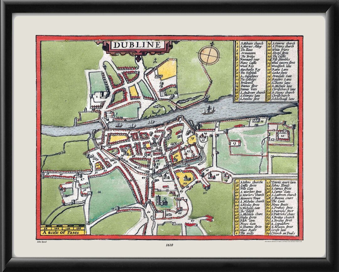 Dublin Ireland 1610 Restored Map | Vintage City Maps