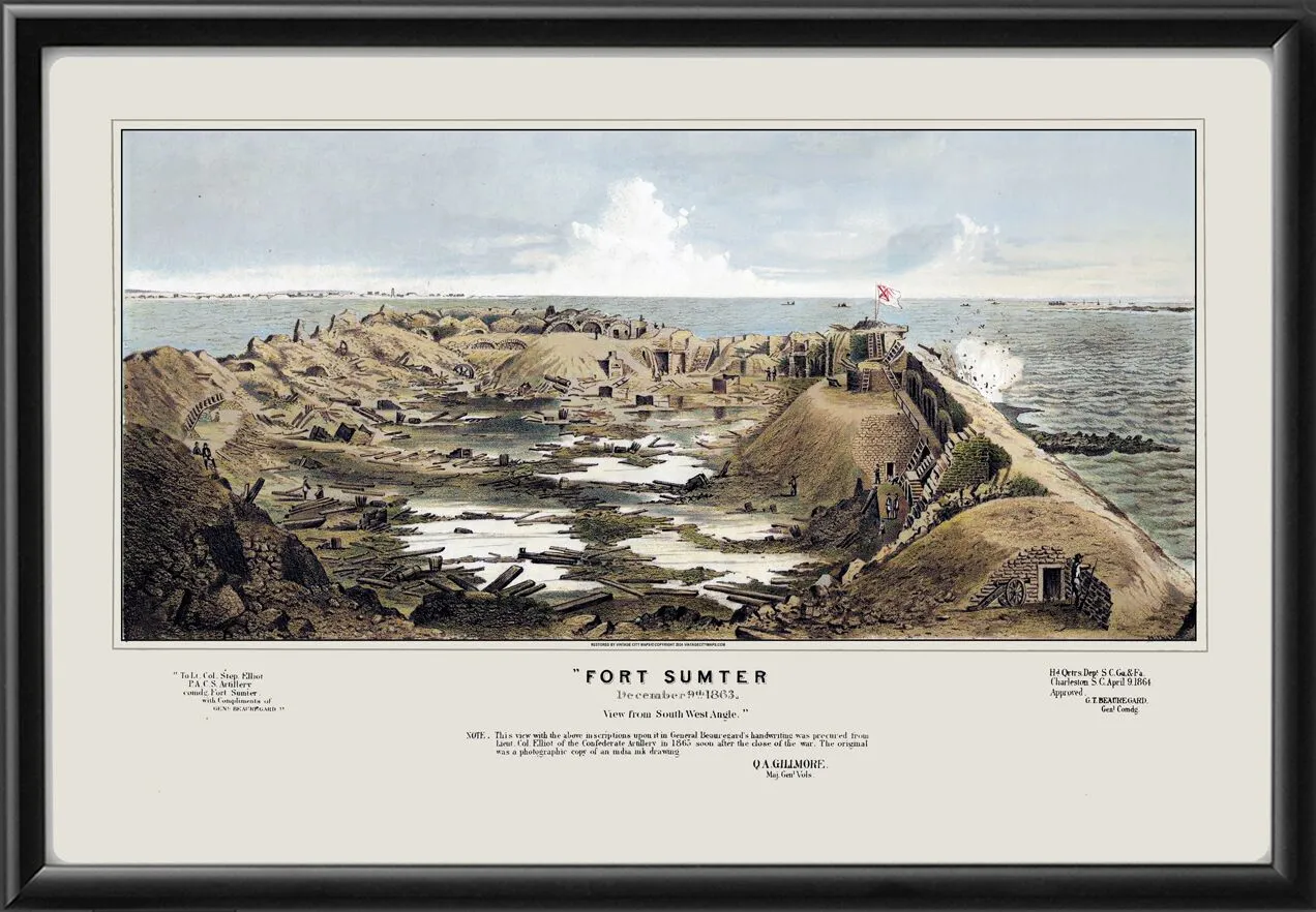 Fort Sumter - Charleston SC 1863 (Color) Restored Map | Vintage City Maps
