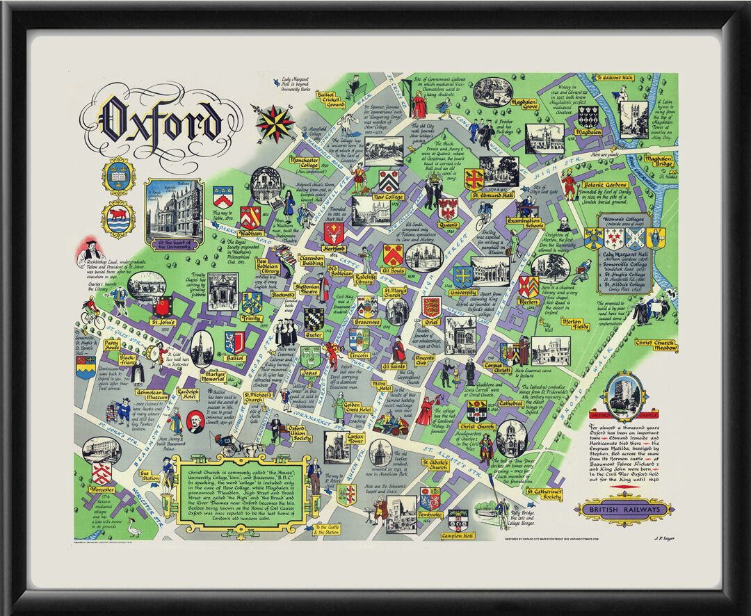 Oxford England 1949 Restored Bird's Eye View Map | Vintage City Maps