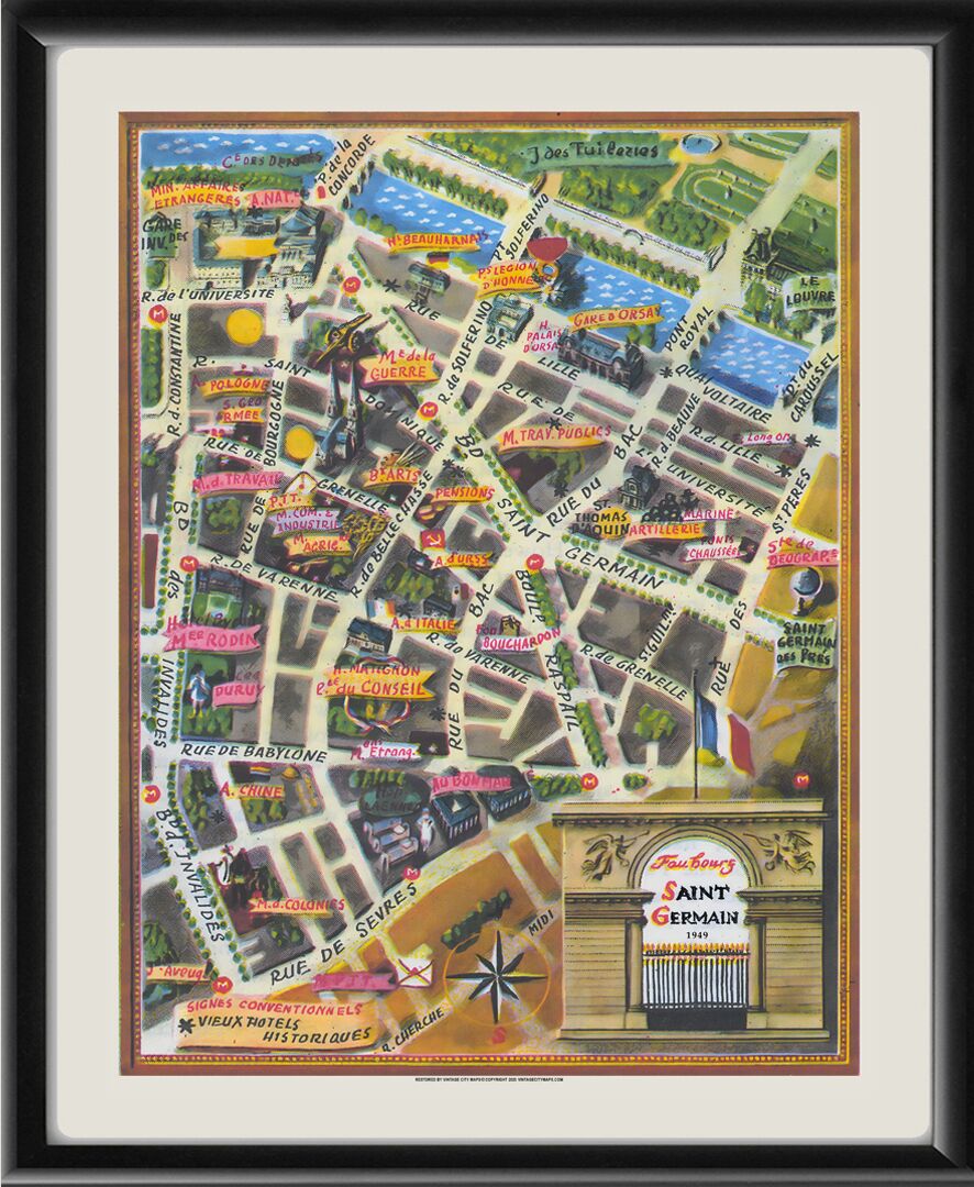 Paris France 1949 - Faubourg Saint Germain - Restored Bird's Eye View Map