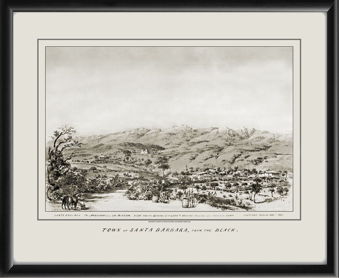 Santa Barbara CA 1865 - Restored Panoramic View | Vintage City Maps